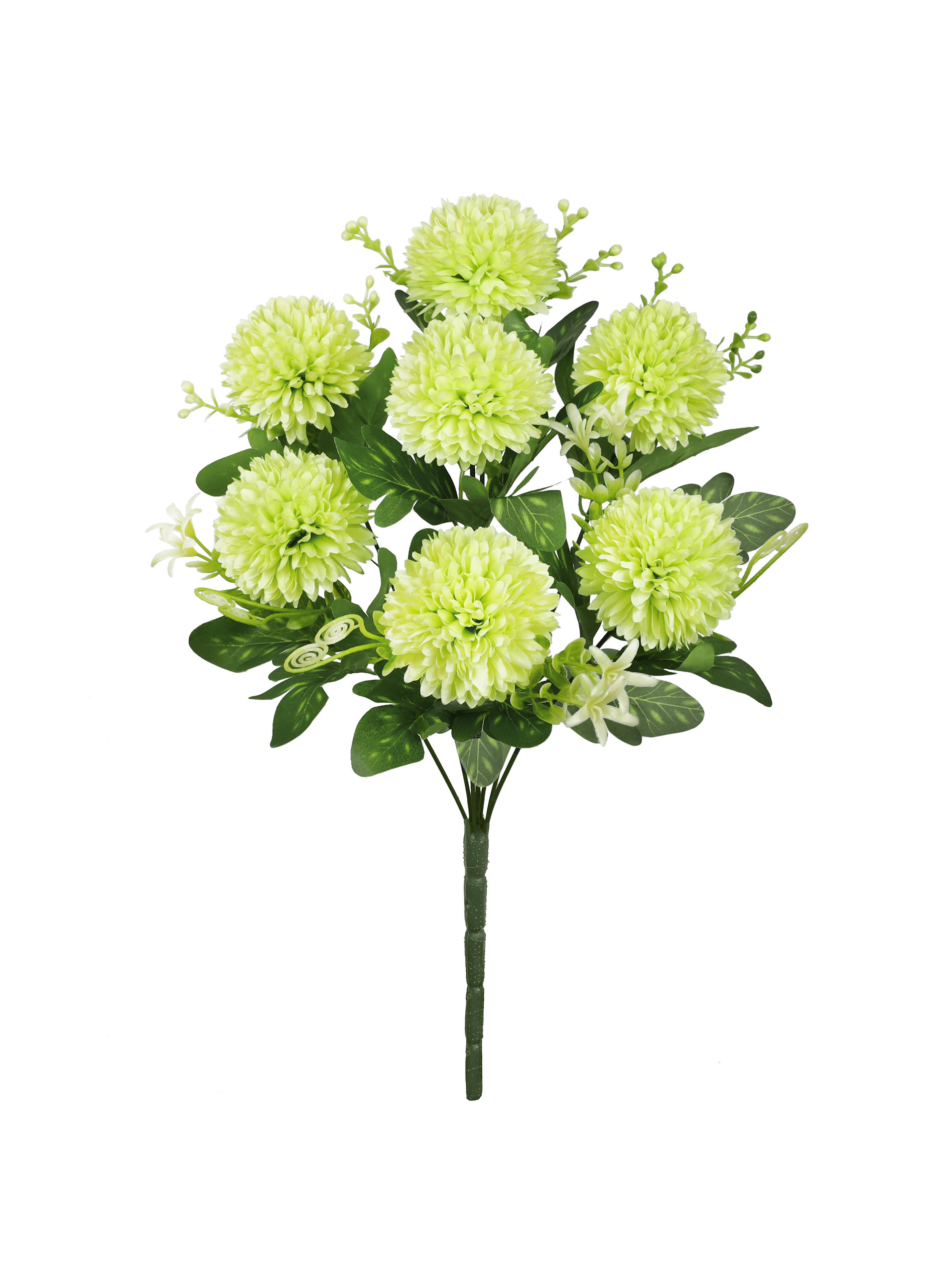 Set of 3 Light Green Artificial Pom Pom Mum Flower Stem Bush Bouquet 16 ...