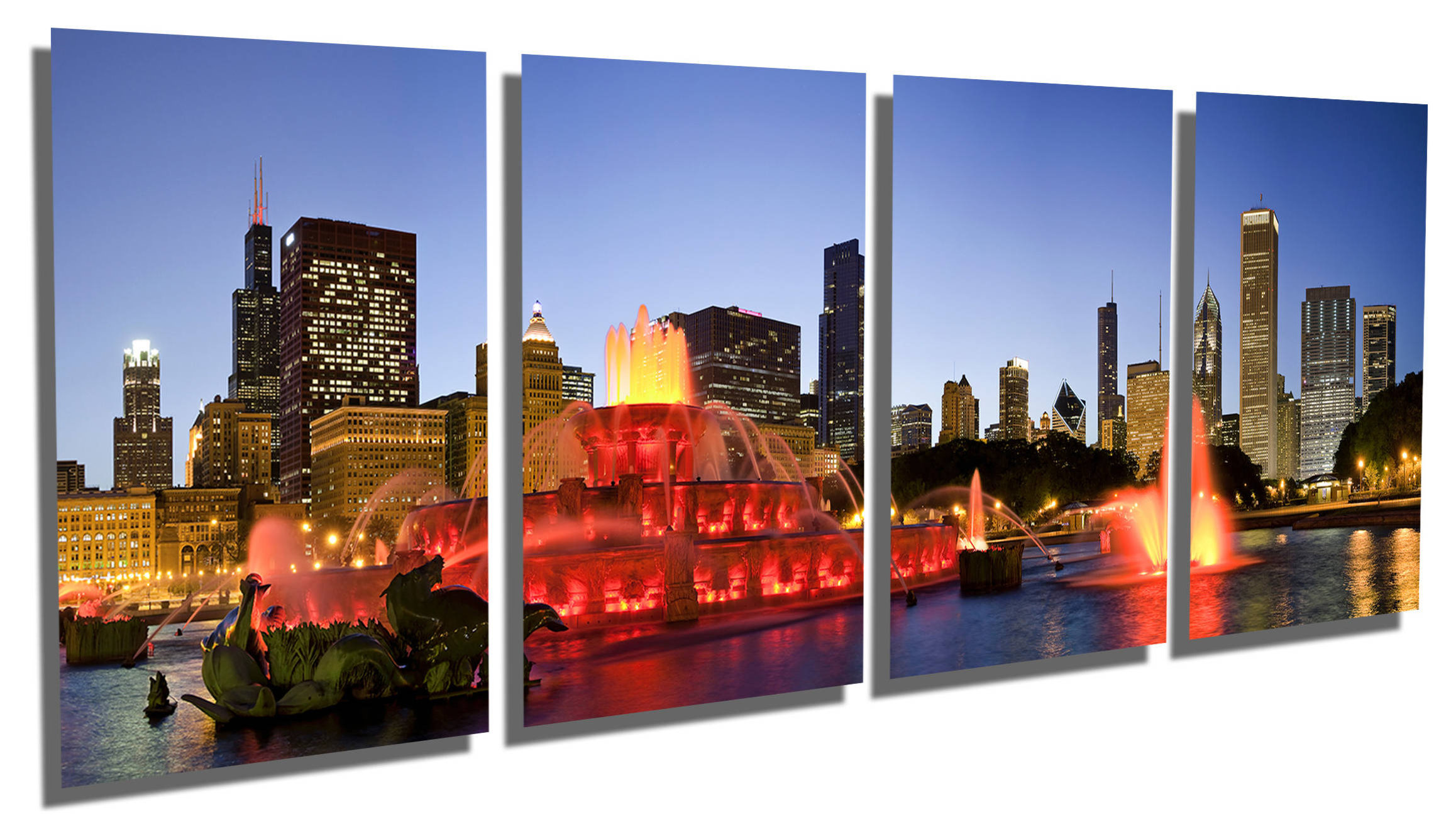 Chicago Buckingham Fountain, Red Metal Print, 4 Panel Split, HD ...