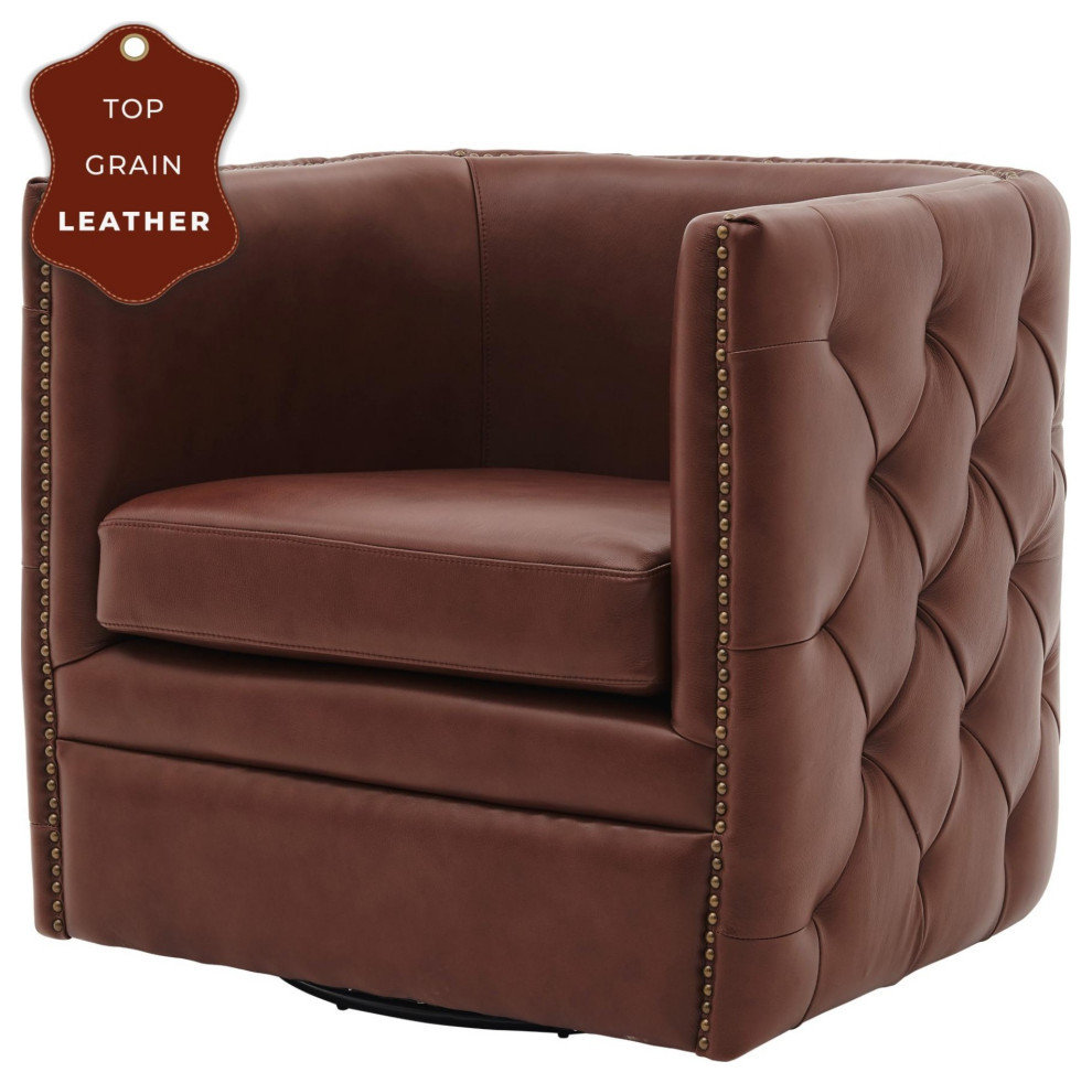 Leslie Top Grain Leather Swivel Tufted Chair, Garrett Brown ...