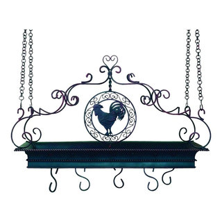 Antique Brown Iron Pot Rack With Rooster Accent - Farmhouse - Pot Racks ...