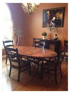 Style and color of chairs with custom copper table