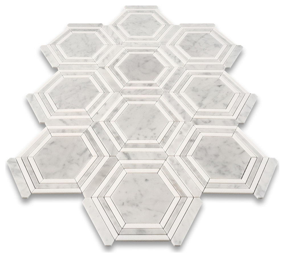 Carrara White Marble 5" Hexagon Georama Tile Thassos Strip Polished, 1 ...
