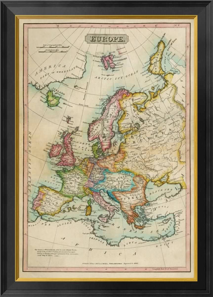 "Europe, 1820" Framed Canvas Giclee by John Melish, 19x26", 24"x1.5"x34 ...