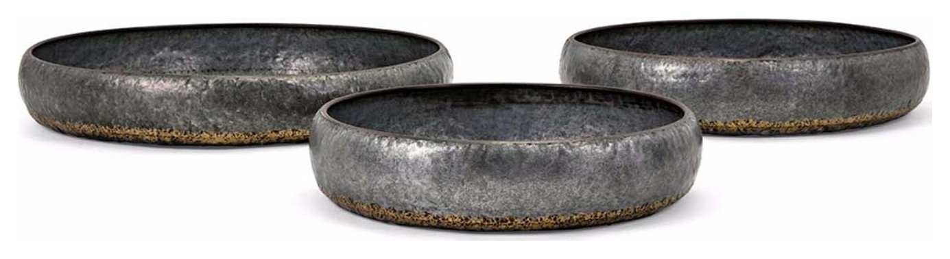Galvanized Iron Decorative Trays W Brass Tone Welding Details,Gray,Set ...