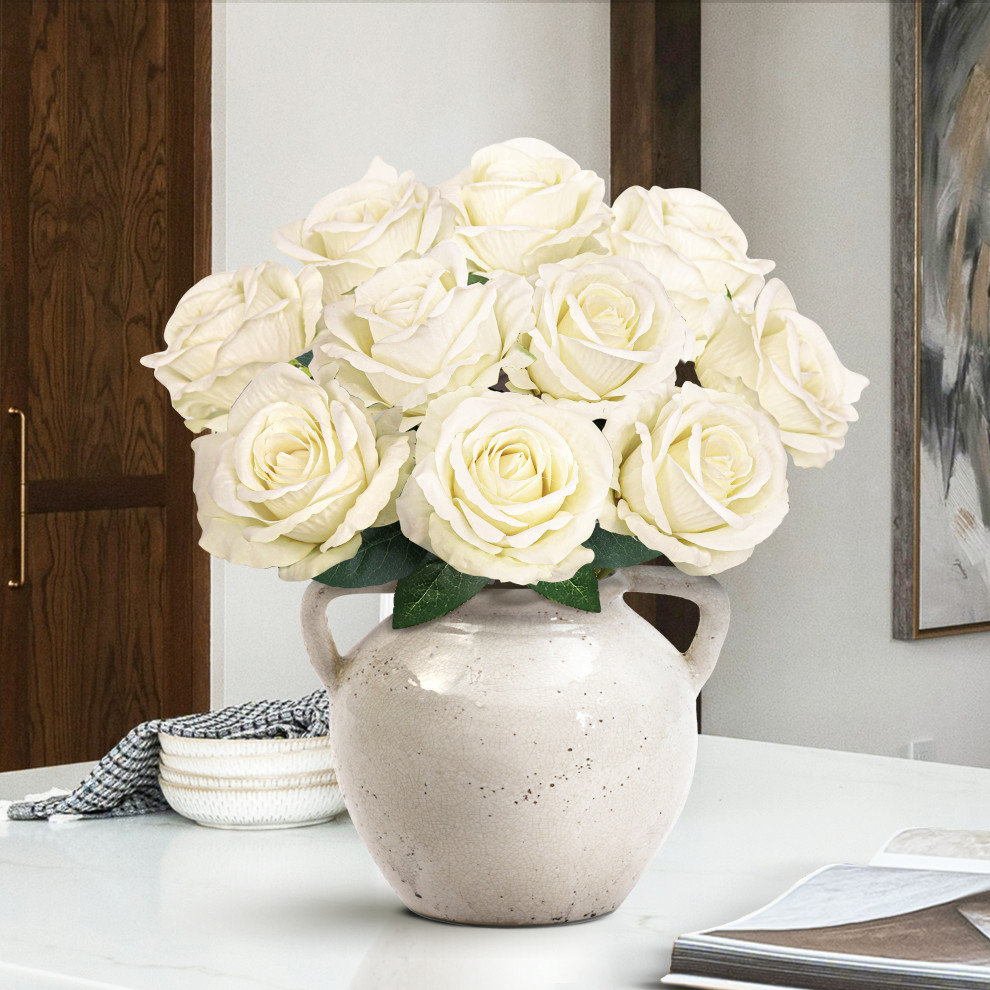 Set of 2 Ivory Artificial Velvet Rose Flower Stem Bush Bouquet 16 ...