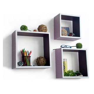 Heliotrope Stripe Square Leather Bookshelf / Floating Shelf (Set of 3 ...