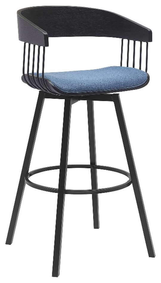 Armen Living Athena 31" Swivel Wood & Fabric Bar Stool in Black/Blue ...