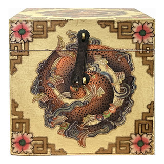 Chinese Distressed Beige Cream Double Fishes Graphic Square Shape Box ...