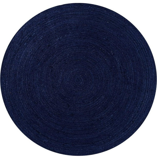 Handmade Round Navy Blue and Natural Jute Rug with Solid Print ...