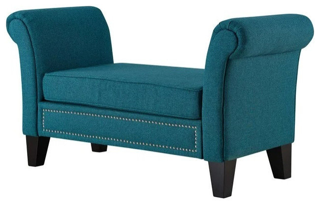 Teal Accent Bench with Cushioned Seat, Rolled Arms, and Black Hardwood ...