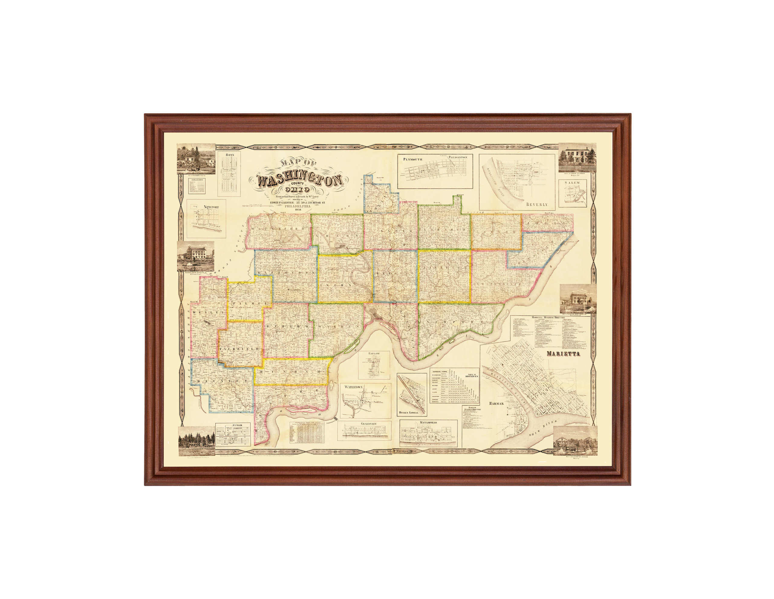 Washington County Map Framed Art 1858, Vintage Ohio Wall Decor, 24x18 ...