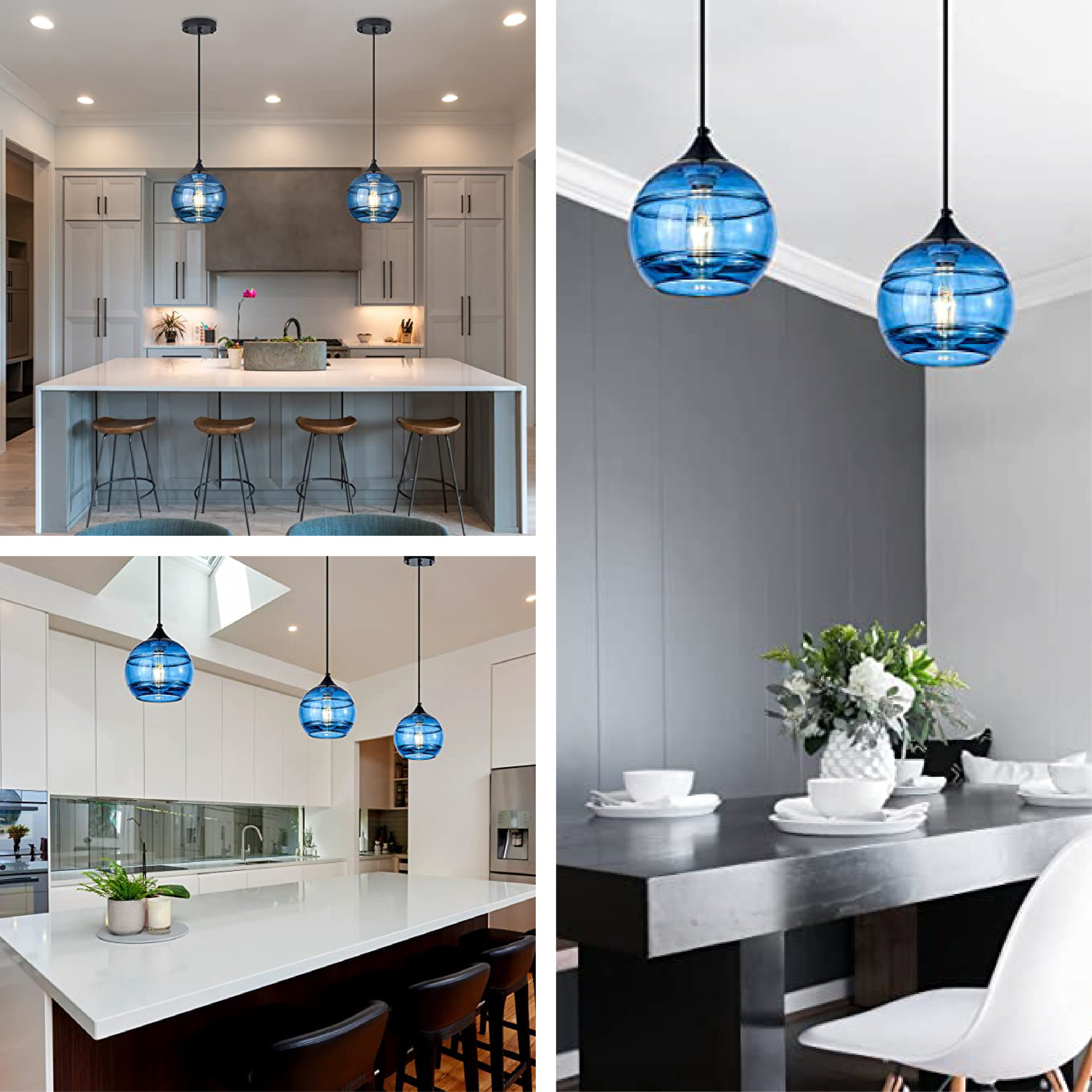 1Light blue pendant light Modern kitchen counter lights Round glass ...
