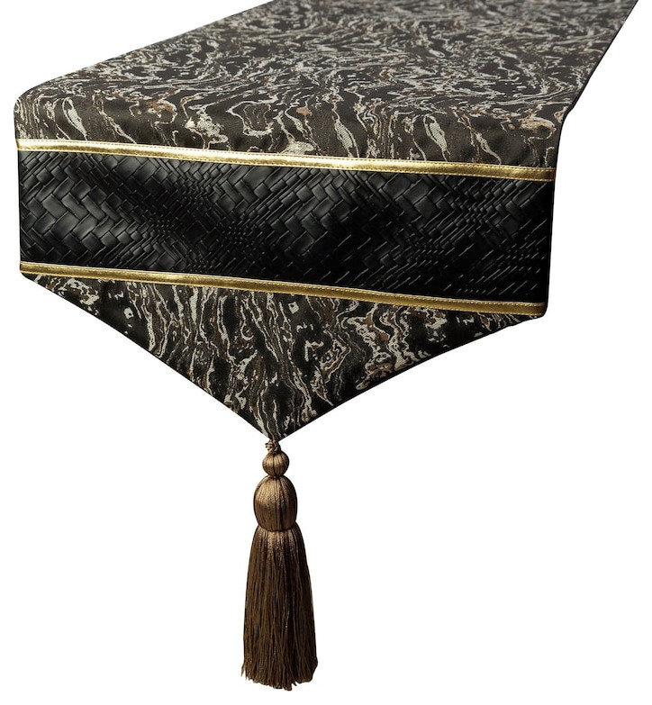 Table Runner Black Faux Leather Jacquard, Tassles Marble - Leather ...