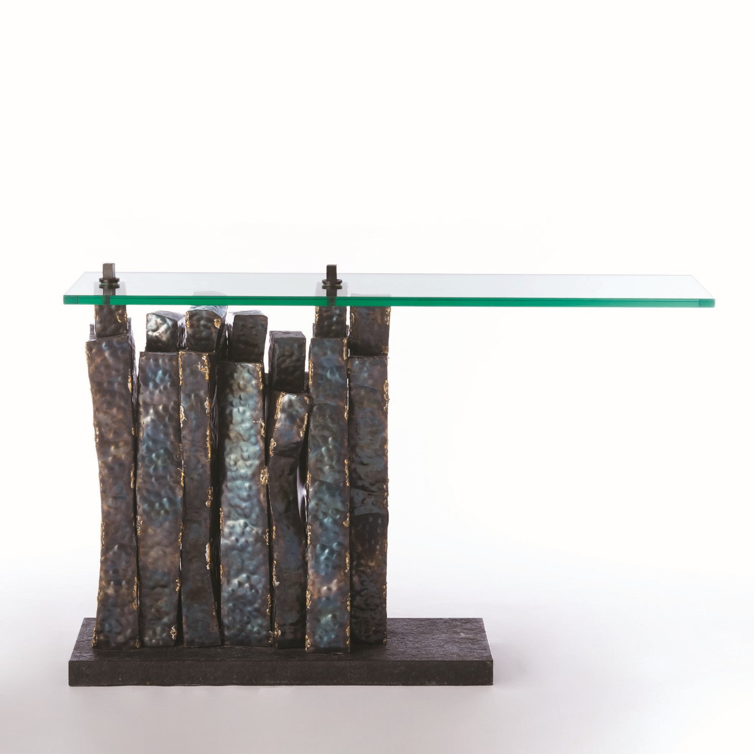 Rustic Industrial Iron Sculpture Console Table Strips Brutalist Torched ...