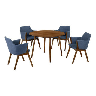 Arcadia and Renzo 42" Round Blue and Walnut Wood 5 Piece Dining Set ...