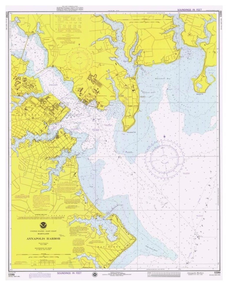 "Nautical Chart - Annapolis Harbor ca. 1975" Paper Art, 26"x32", 26"x32 ...