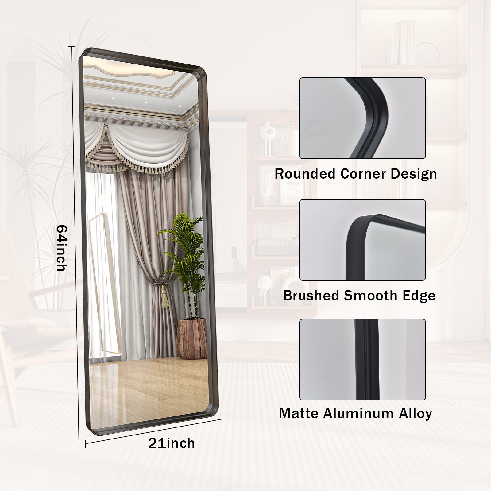 Easly Rectangular Aluminum Deep Framed Full Length Floor Mirror, 21x64 ...