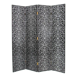 Benzara BM213512 4 Panel Room Divider with Scrolling Motifs, Black and ...