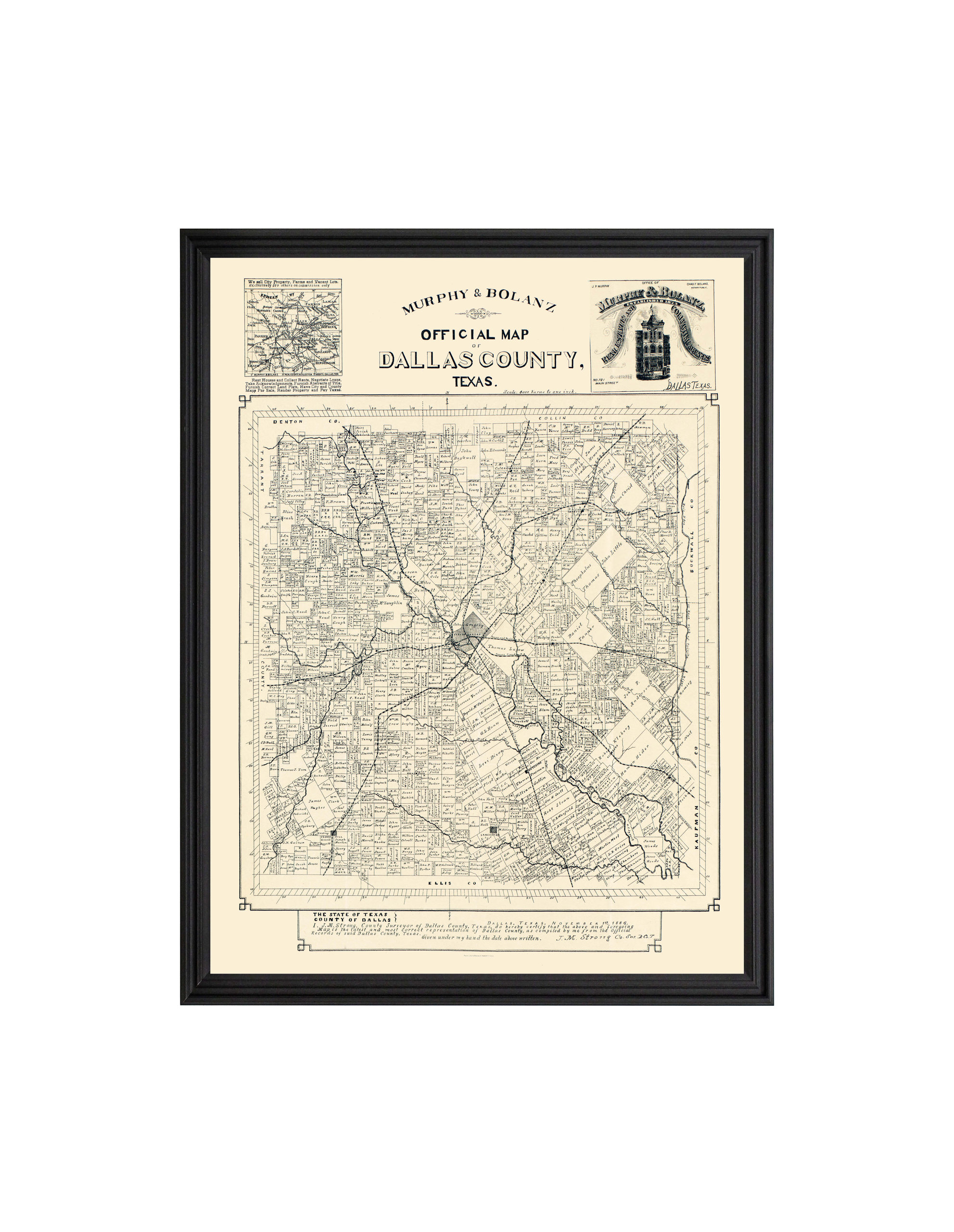 Dallas County Map Framed Art 1886, Vintage Texas Wall Decor, 24x36 ...
