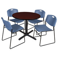 Cain 36 Round Breakroom Table- Mahogany & 4 Zeng Stack Chairs- Blue ...