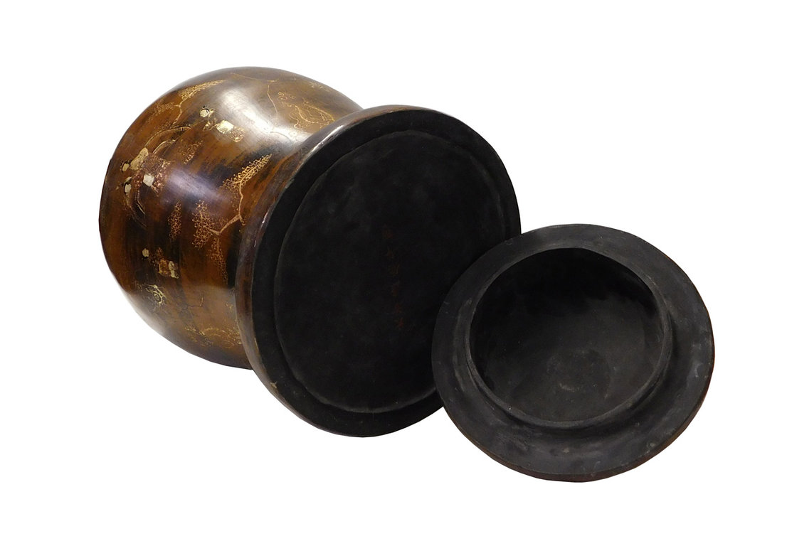 Chinese Distressed Brown Lacquer Golden Scenery Fat Jar - Asian ...