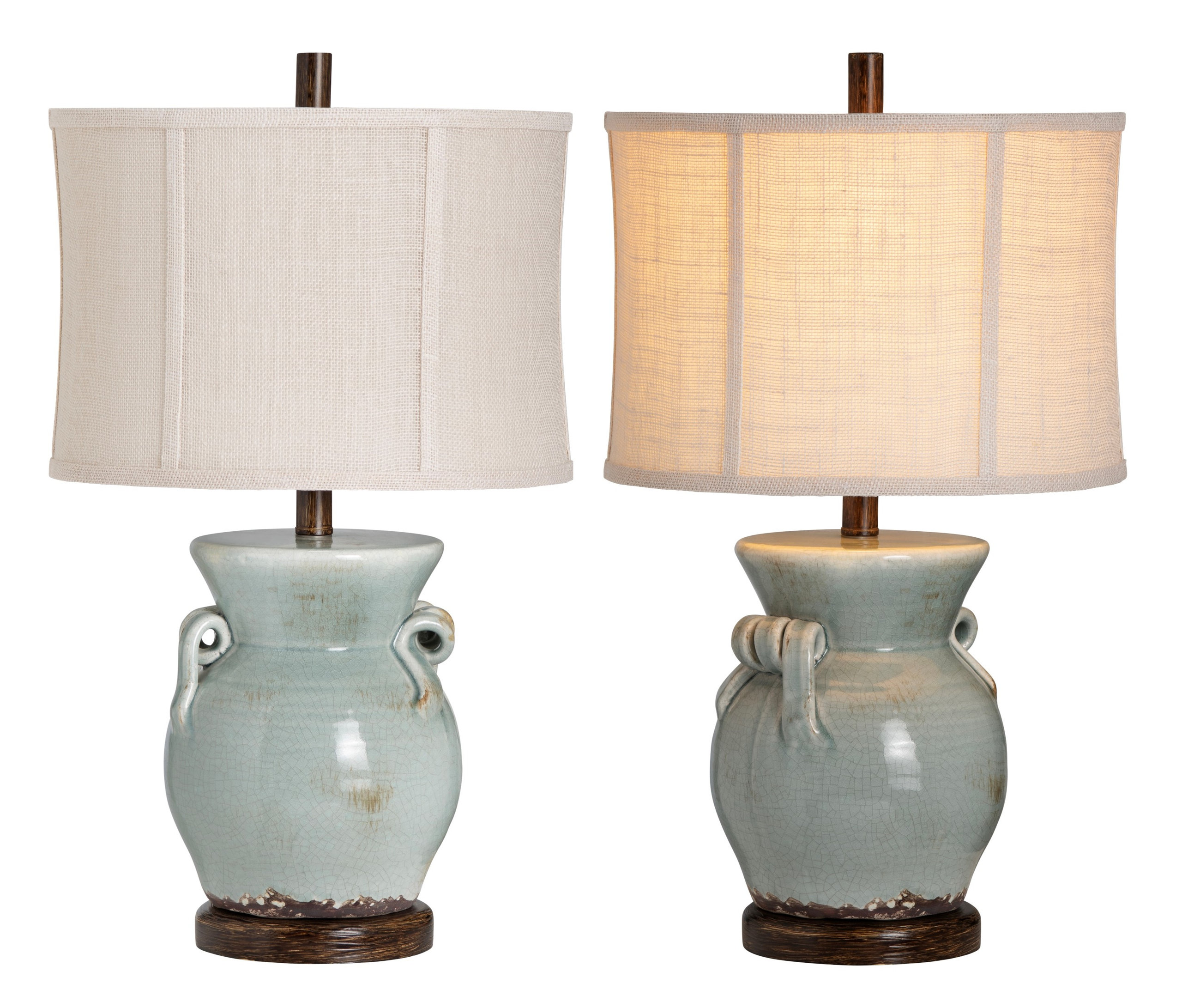 23.25"H Green Ceramic Table Lamps With Oatmeal Drum Shade, Set of 2 ...