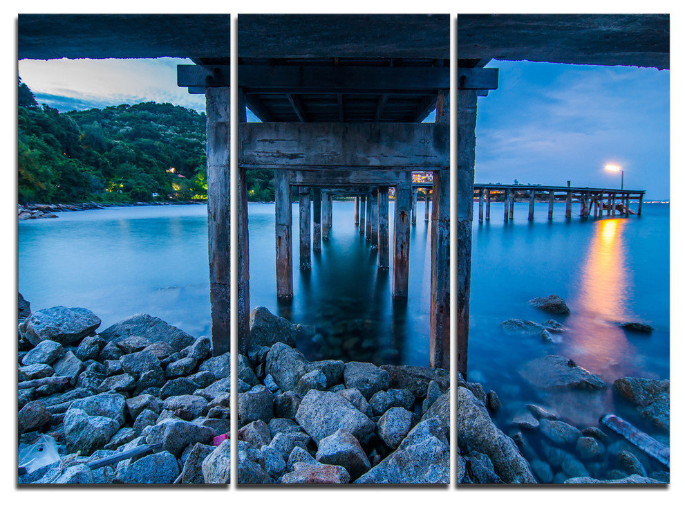 "Under Wood Bridge at Twilight" Sea Bridge Metal Wall Art, 3 Panels, 36 ...