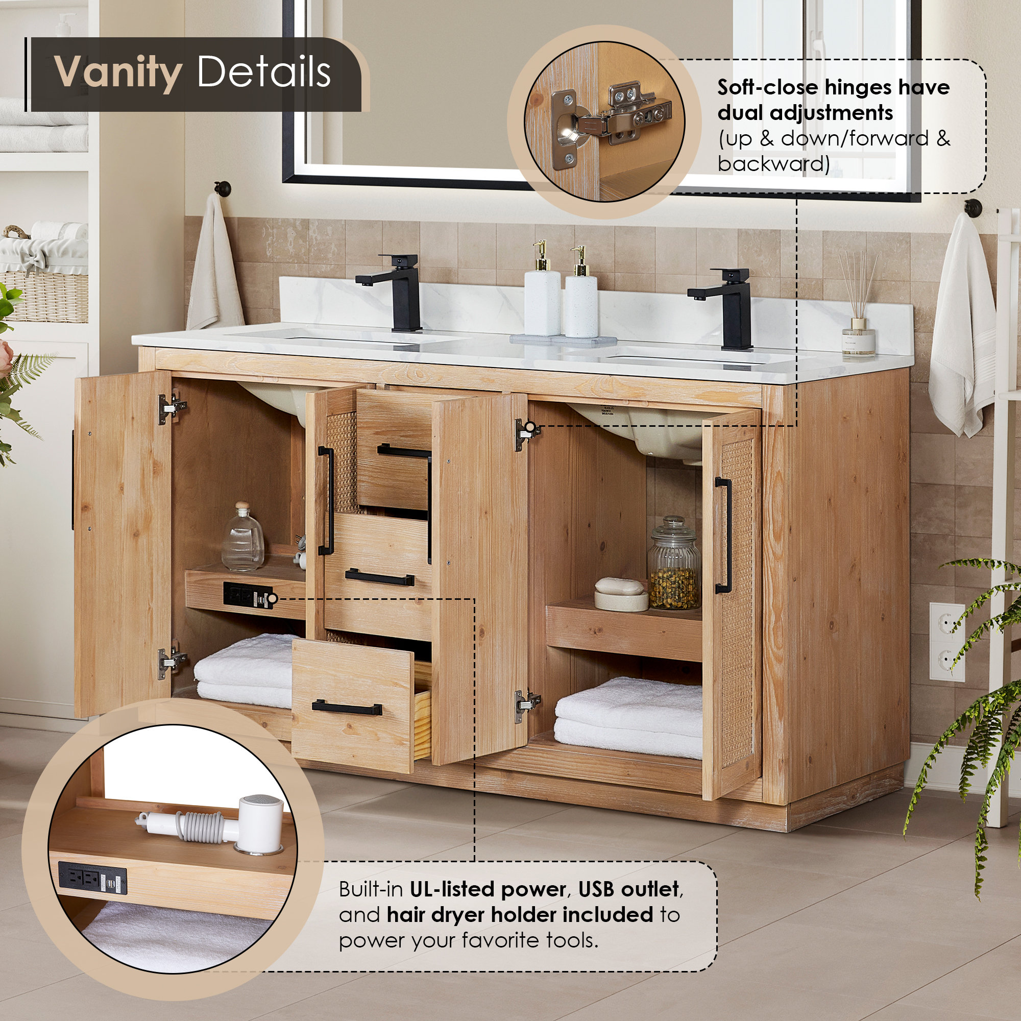 Floral Vanity, Calacatta White Quartz Countertop, 60" - Farmhouse ...