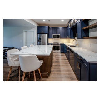 Basement Kitchenette with Navy Cabinets and Verde Peak Quartz ...