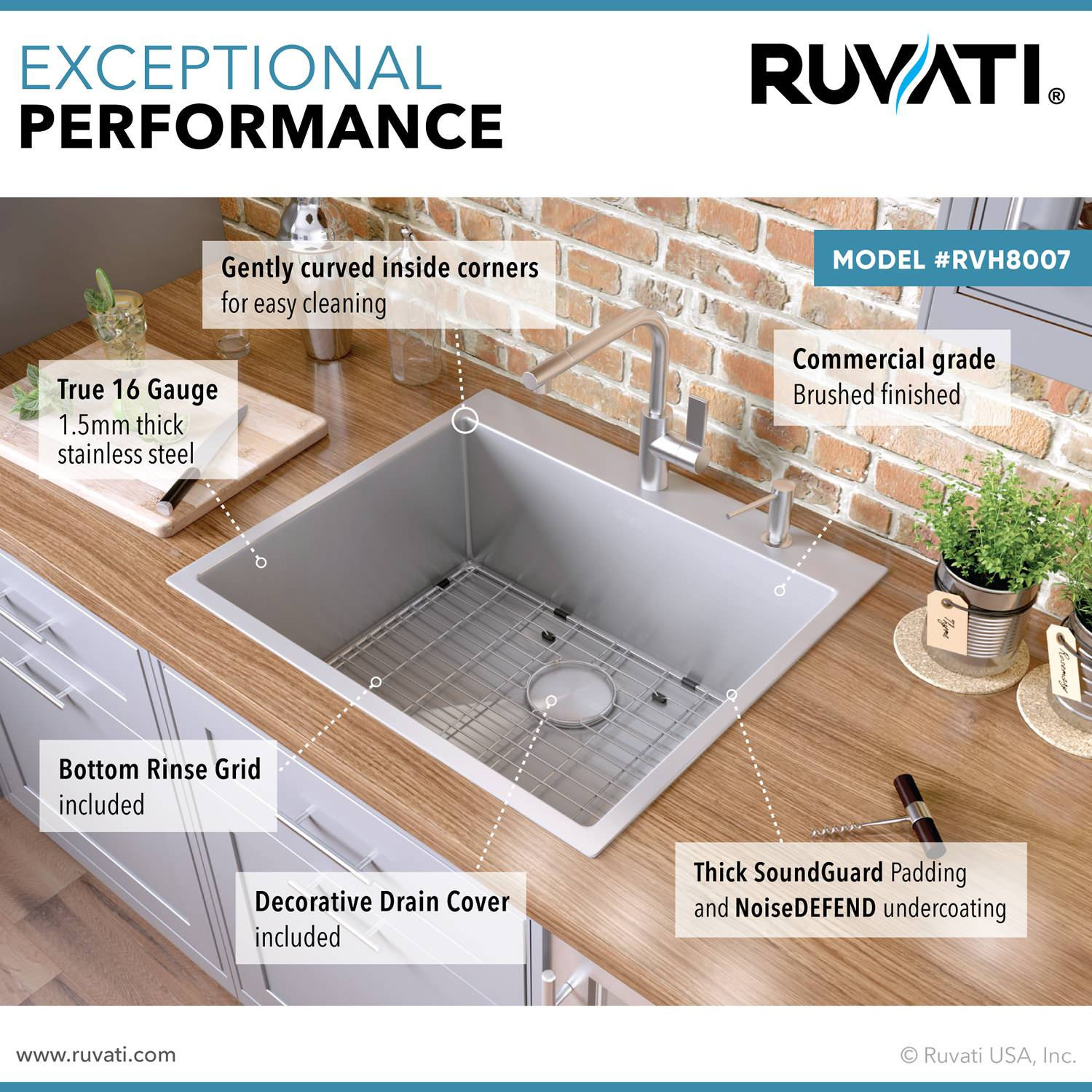 Ruvati RVH8007 25" Drop-in Tight Radius Topmount 16 Gauge Kitchen Sink ...