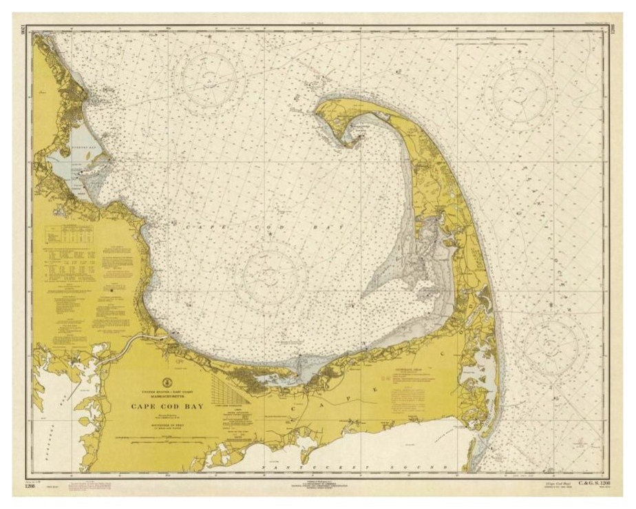 "Nautical Chart - Cape Cod Bay ca. 1970 - Sepia Tinted" Paper Art, 18 ...
