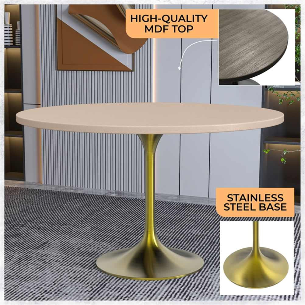 LeisureMod Verve 48" Dining Table MDF Top & Brushed Gold Base Light Natural Wood - Midcentury ...