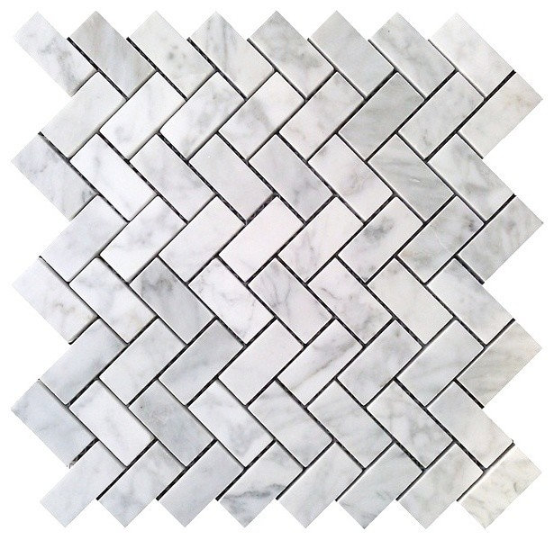 Carrara herringbone Pattern Polished Mosaic Tile, 12"x12", Set of 30 ...