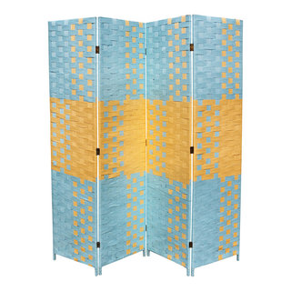 Beach Blue/Natural Paper Straw Weave 4-Panel Screen on 2"H Legs ...