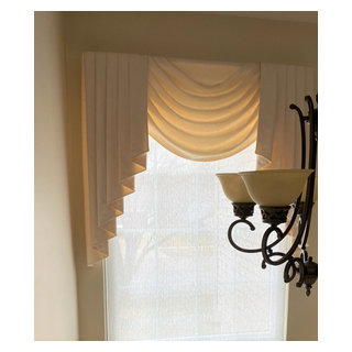 Shade under swag cascade valance on high window - Traditional ...