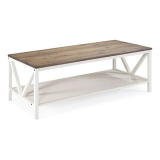 Modern Farmhouse Distressed Coffee Table with Shelf & Trestle Side ...