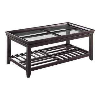 Wooden Coffee Table with Glass Top and Open Bottom Shelf, Brown ...