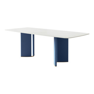 Modern Snow-White Slate Table Top Dining Table With Blue Pedestal ...