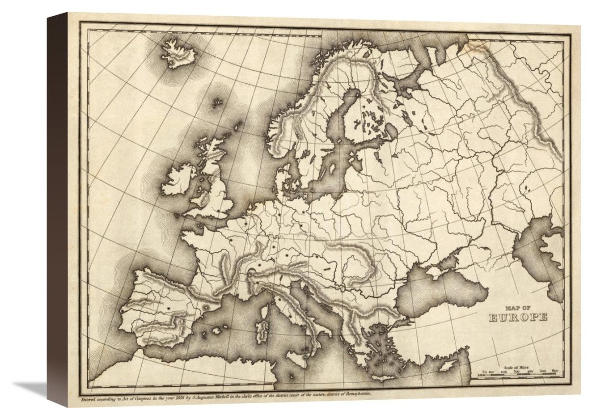 "Map of Europe, 1839" Canvas Giclee by Samuel Augustus Mitchell, 16"x12 ...