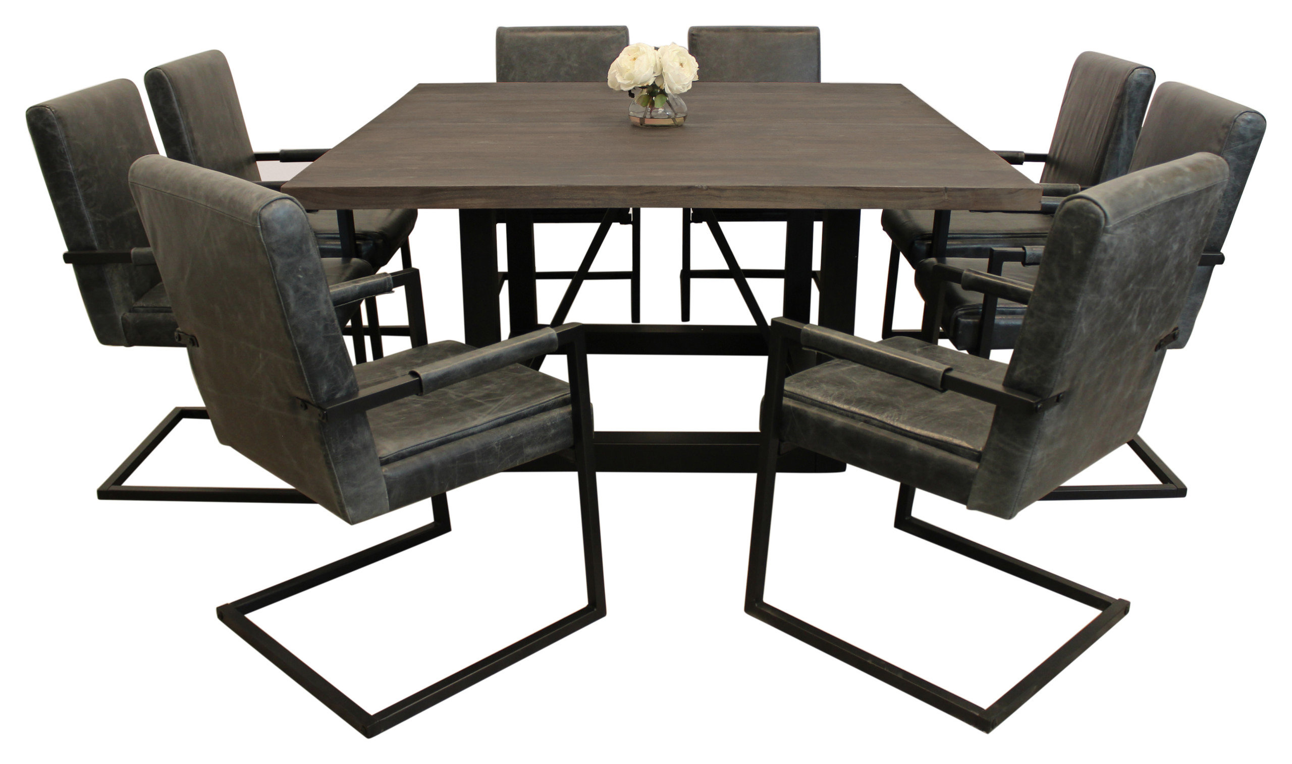 Felix 9-Piece Dining Set w/ 60″ Dining Table w/ 8 Arm Chairs in Antique Leather - Industrial ...