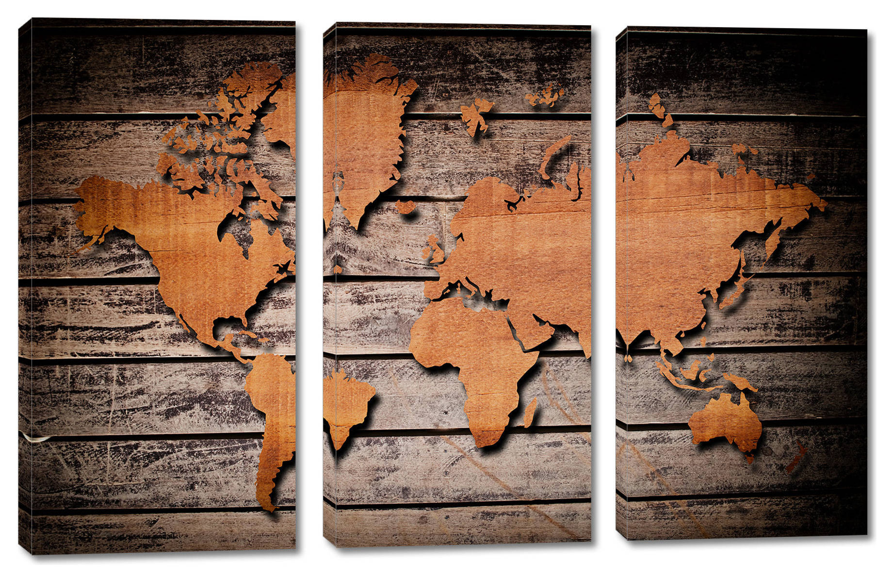 Wood Style World Map, Canvas Print, 3 Panel Split, Triptych Wall Art ...