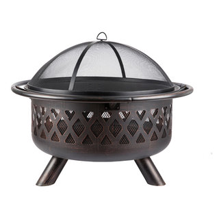 Round Iron Outdoor Fire Pit with Spark Screen - Transitional - Fire ...