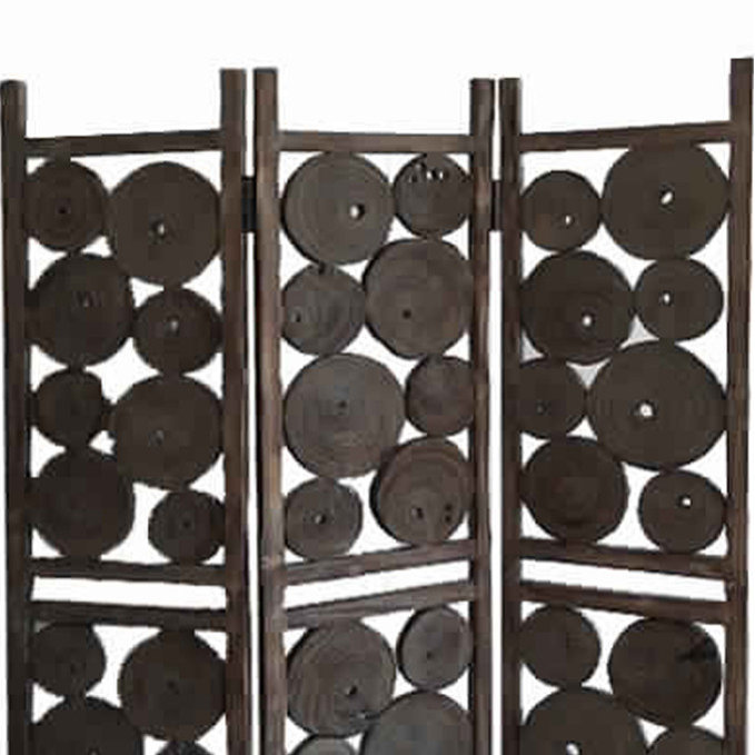 Contemporary 3 Panel Wooden Screen with Circular Log Cut Inset, Brown ...