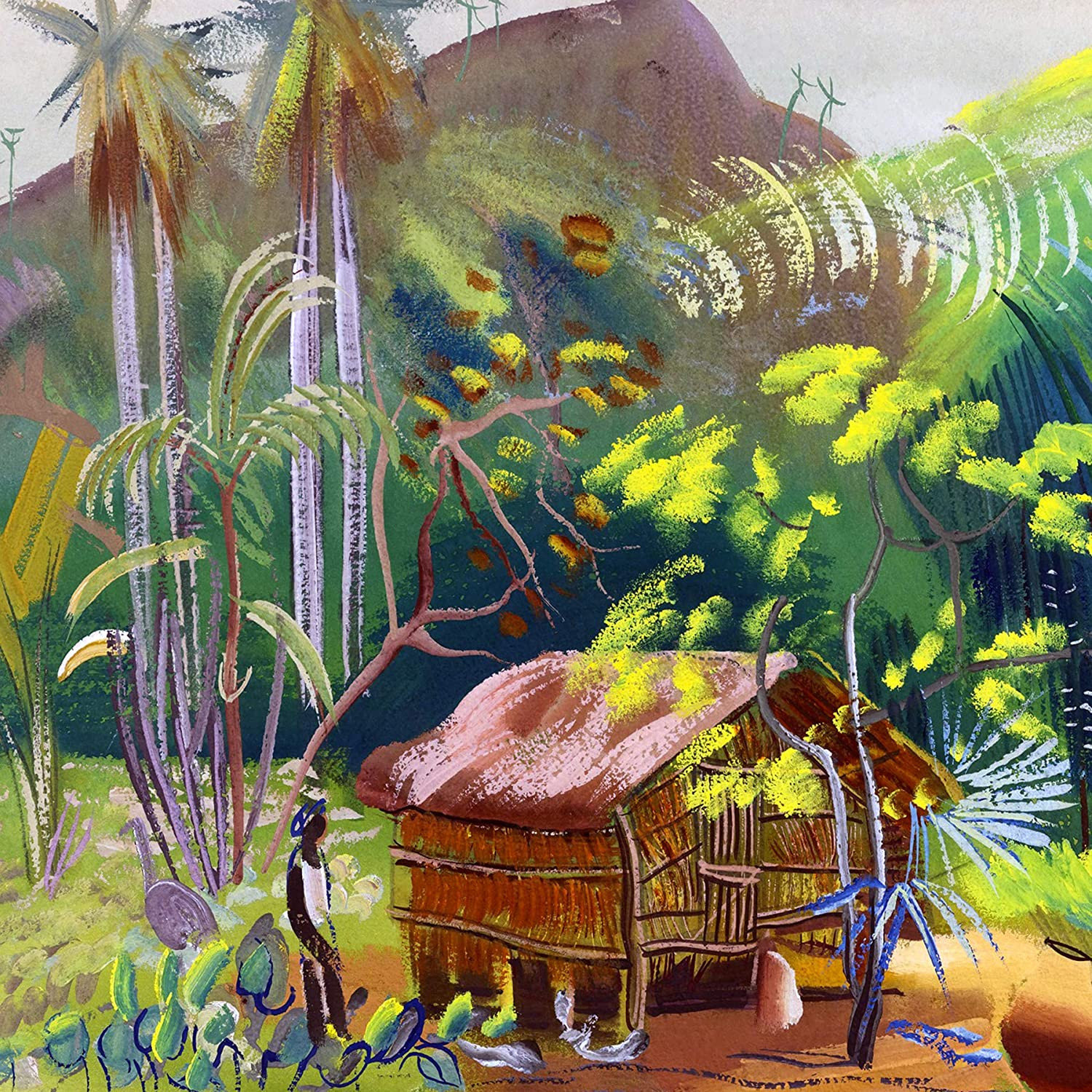 Tile Mural NATIVE HUT BRAZIL trees Accent Backsplash, 12" Ceramic Matte ...