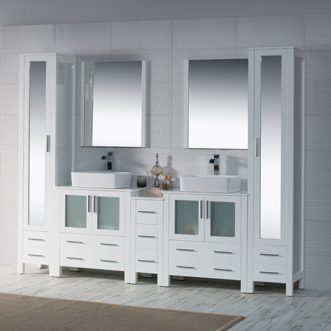 Sydney 102" Vanity Set With Vessel Sinks and Mirror Linen Cabinet ...