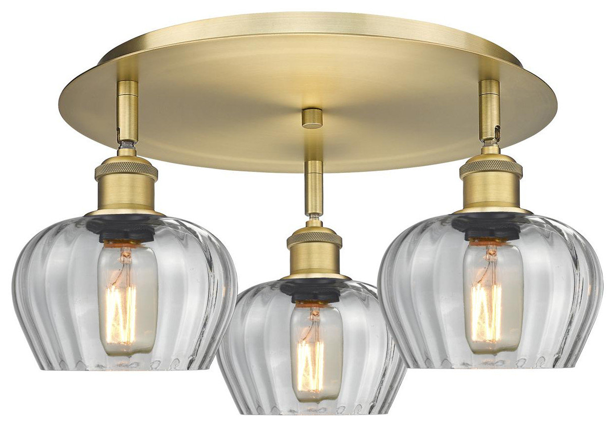 Fenton 3 Light Flush Mount, Brushed Brass, Clear - Industrial - Flush ...
