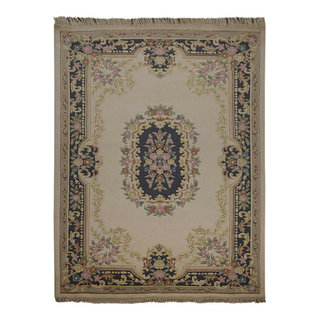 Hand Knotted Aras Wool Area Rug Oriental Ivory Blue, [Rectangle] 8'x11 ...