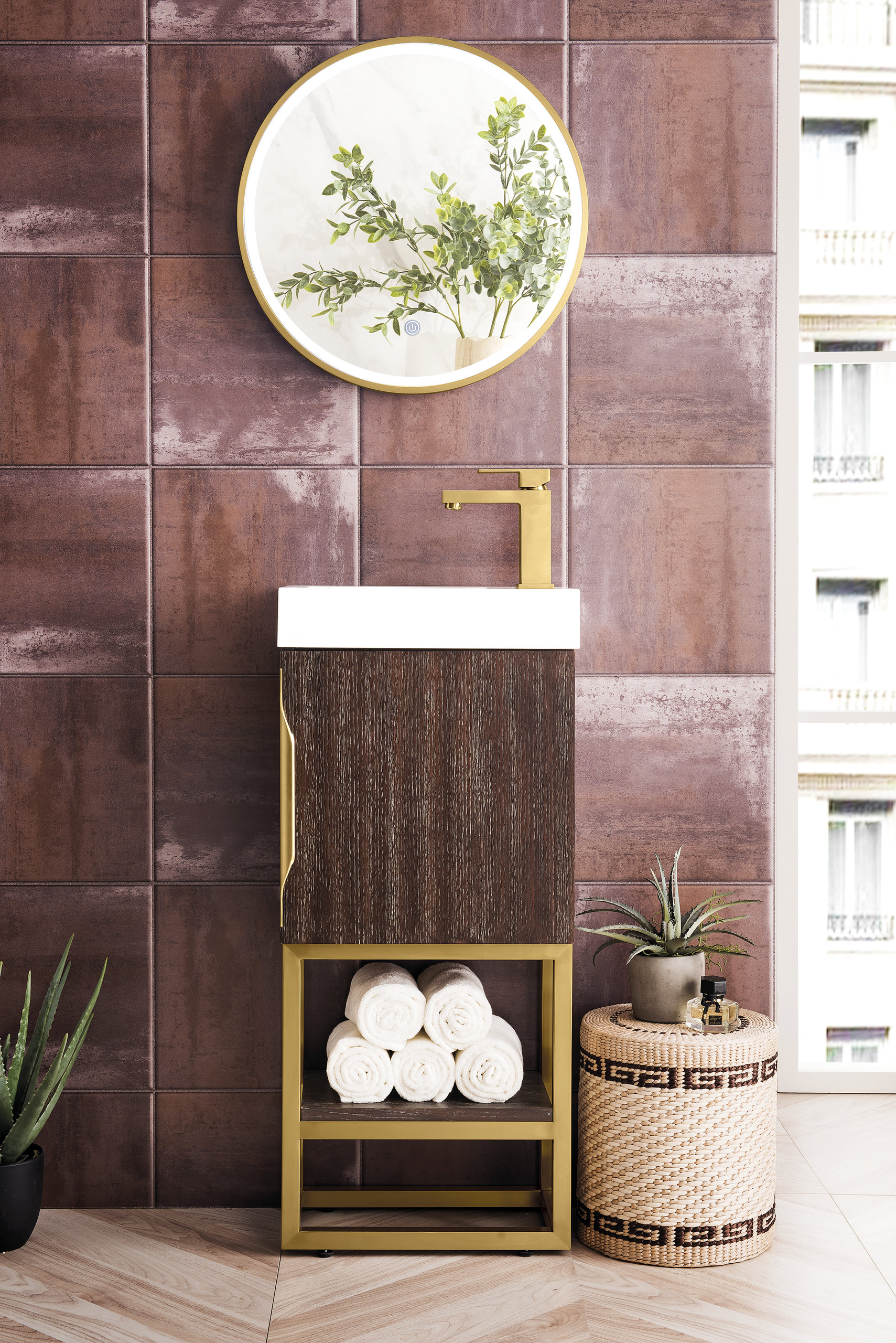 Columbia 16" Single Vanity Coffee Oak, Radiant Gold, W/ White Glossy ...