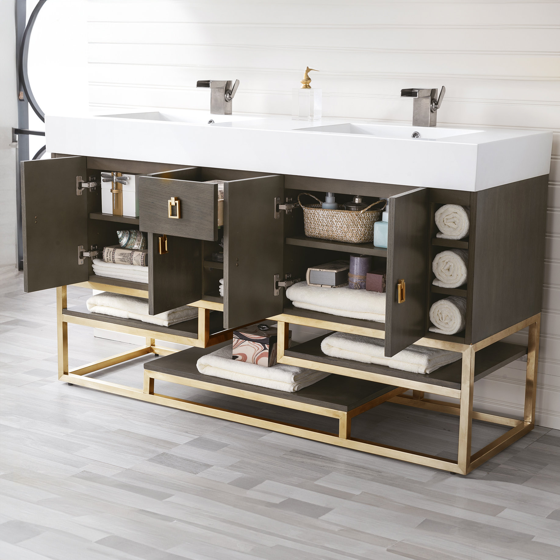 Tahoe 59" Double Vanity, Silver Oak, Nickel Base w/ Glossy White ...
