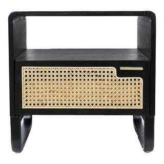 Minimalist Black Nightstand Rattan Woven Bedside Table With 1 Drawer ...
